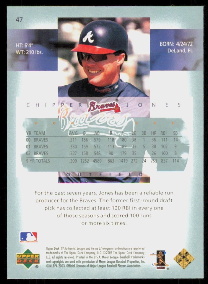 2003 SP Authentic Chipper Jones Atlanta Braves #47 | eBay