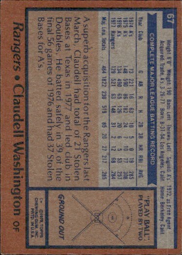 1978 Topps #67 Claudell Washington Texas Rangers Baseball | eBay