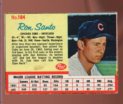 1962 Post Cereal 184 Ron Santo Chicago Cubs | eBay