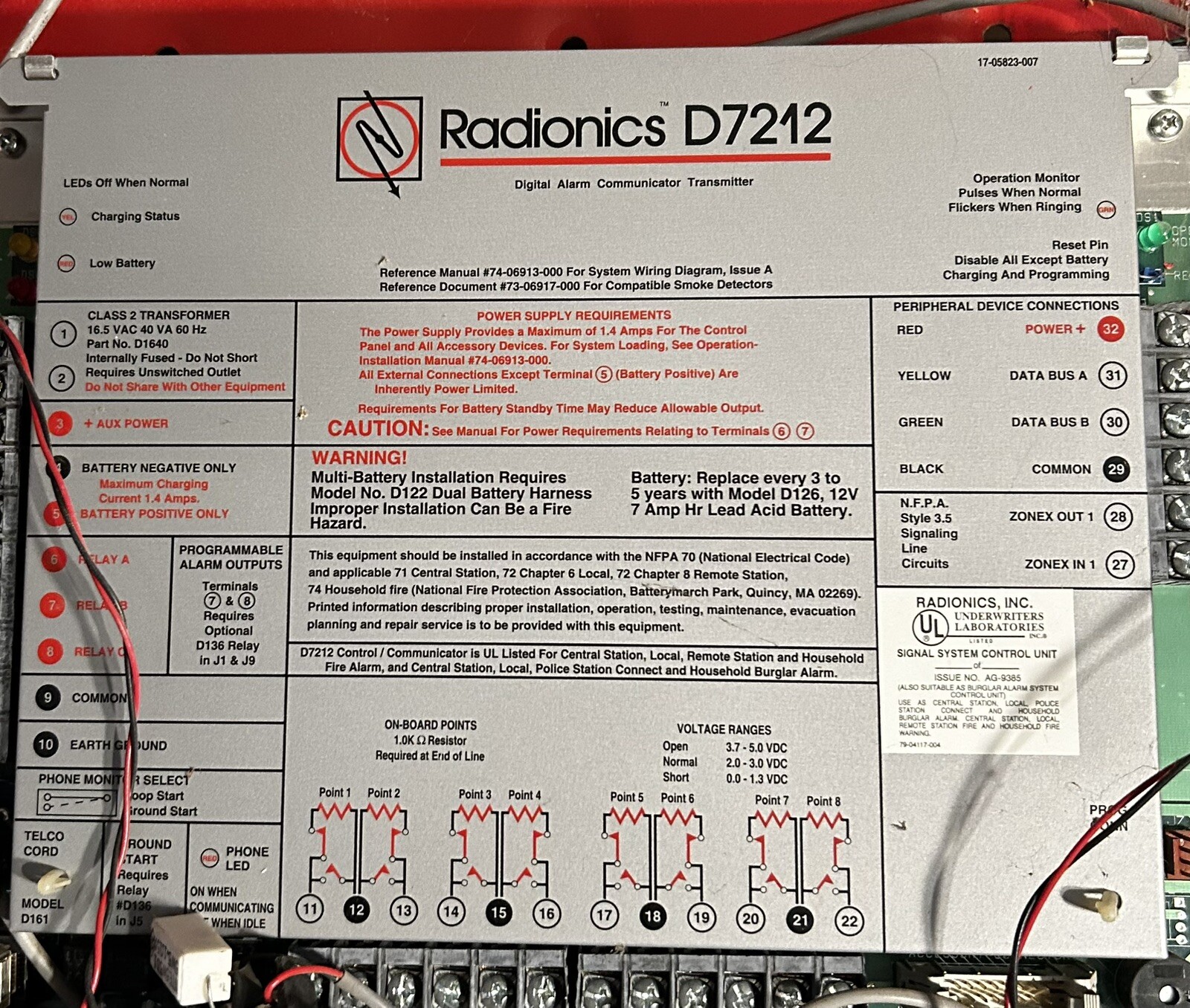 RADIONICS BOSCH OMEGALARM D7212 E1 FIRE ALARM CONTROL PANEL - BATTERY ...