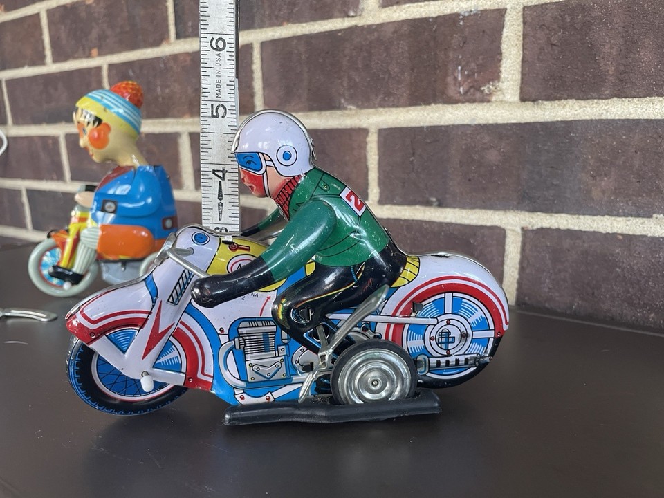 Vintage Tin Litho Motorcycle Wind-Up Toy with Key Works Good Condition ...