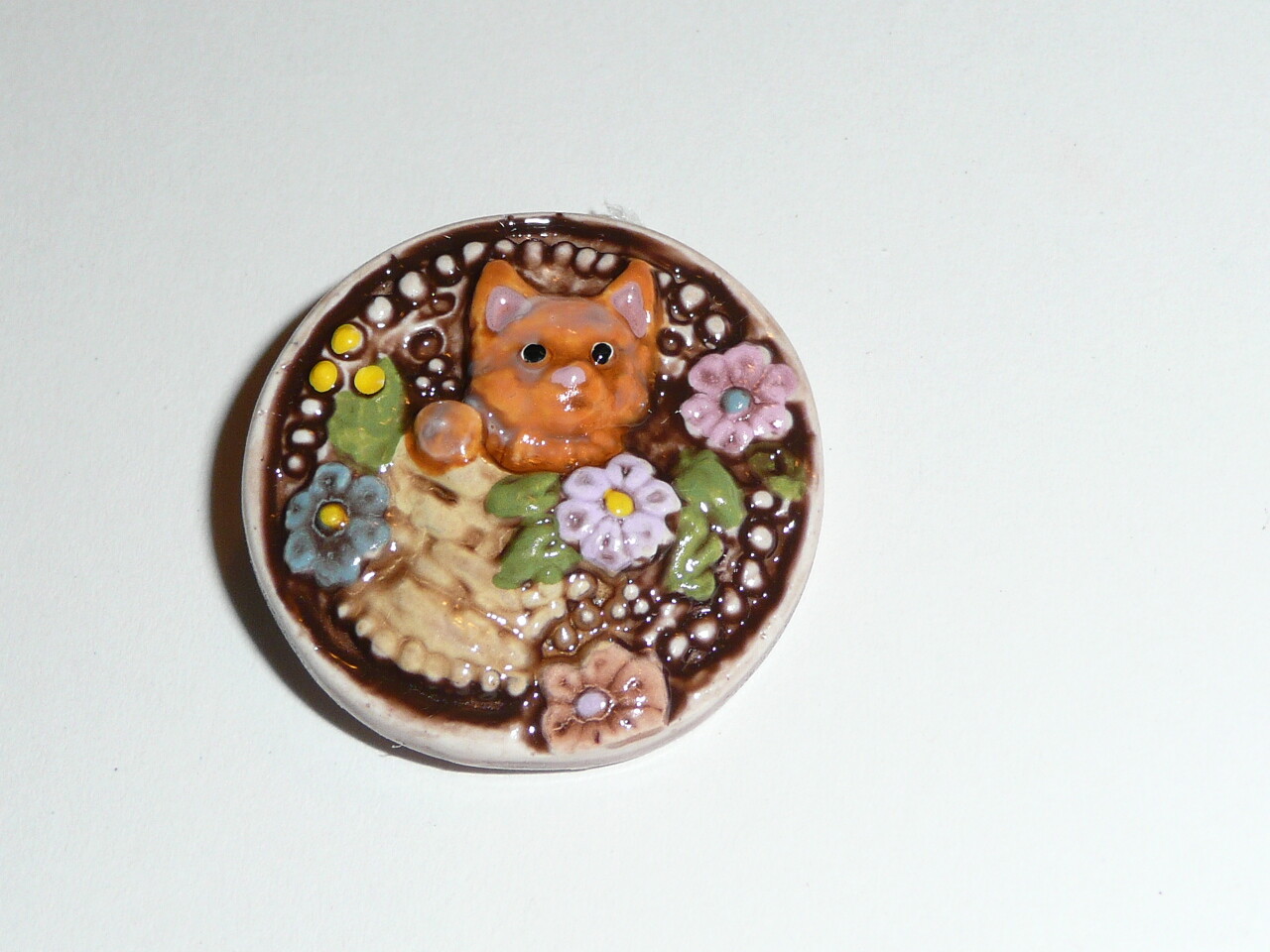 Orange Kitten Cat & Flowers on Brown Art Stone Shank Button 1-1/16 ...