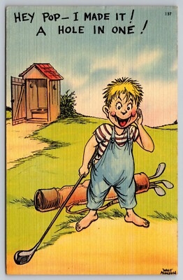 Old Comic Humor Postcard - Little Boy Playing Golf, Outhouse A Hole In ...