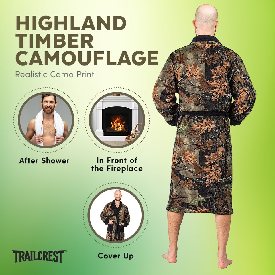 MENS ULTRA SOFT PLUSH CORAL FLEECE BELTED LOUNGE ROBE- BATH ROBE- CAMO ...