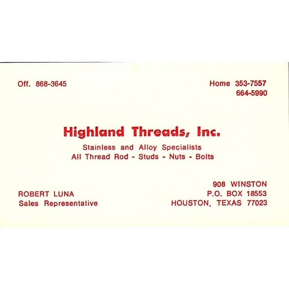 Highland Threads Robert Luna Houston Texas Vintage Business Card SB4-B4 | eBay