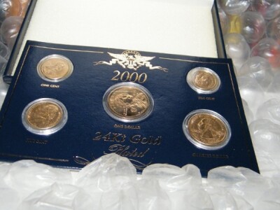 2000 Philadelphia Mint 24kt gold plated 5 coin set w/case Sacagawea ...