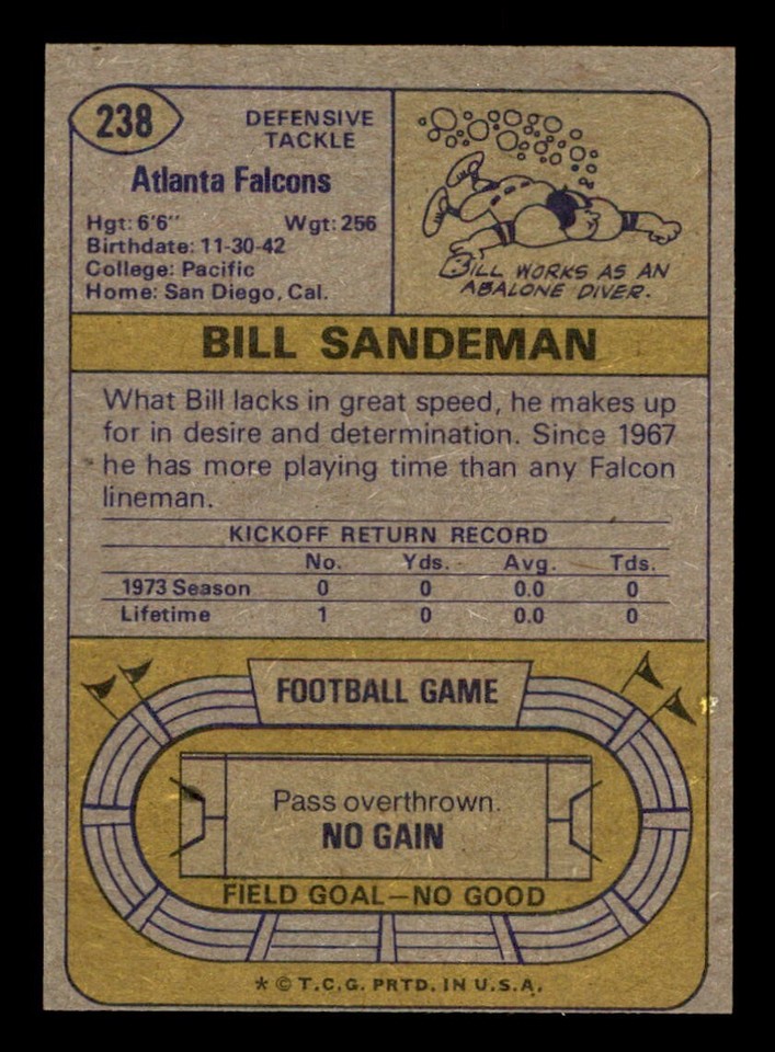 1974 Topps Football #238 Bill Sandeman EX/MT | eBay