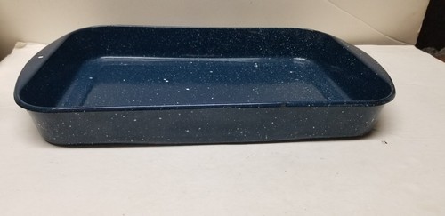 VTG ENAMELWARE BLUE & WHITE SPECKLED LARGE CASSEROLE BAKING PAN W ...