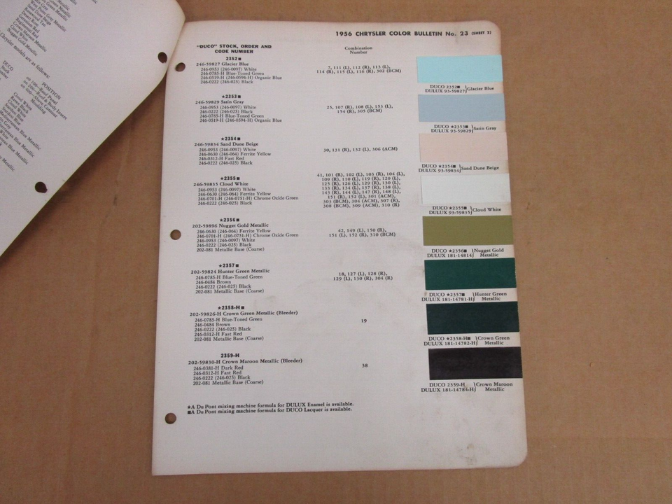 1956 Chrysler car exterior paint color chip chart sheet sample | eBay