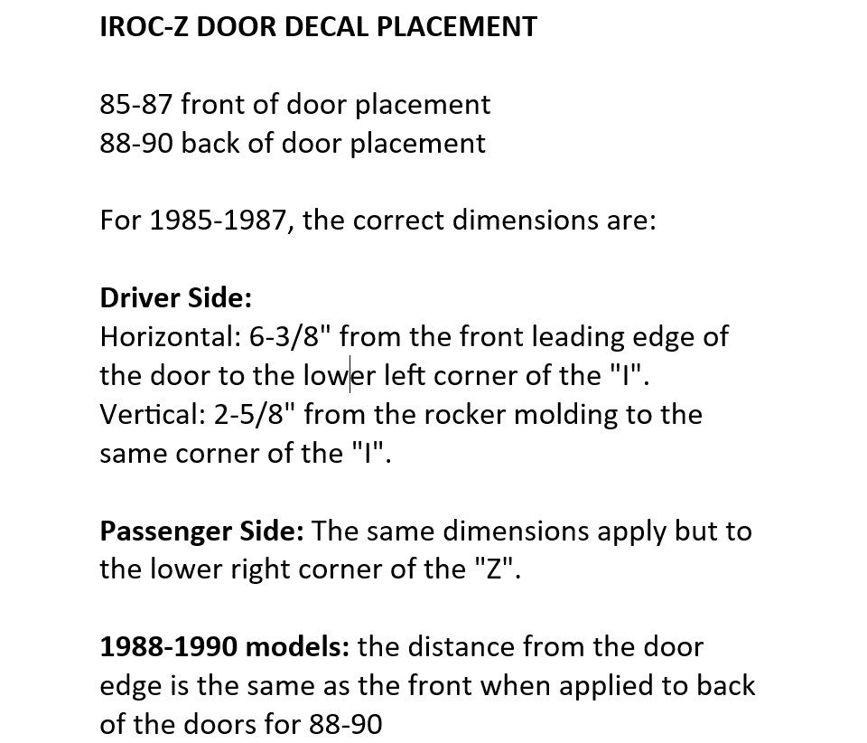 1985-1990 Chevrolet Camaro IROC-Z Door Vinyl Decals Pair Left & Right ...