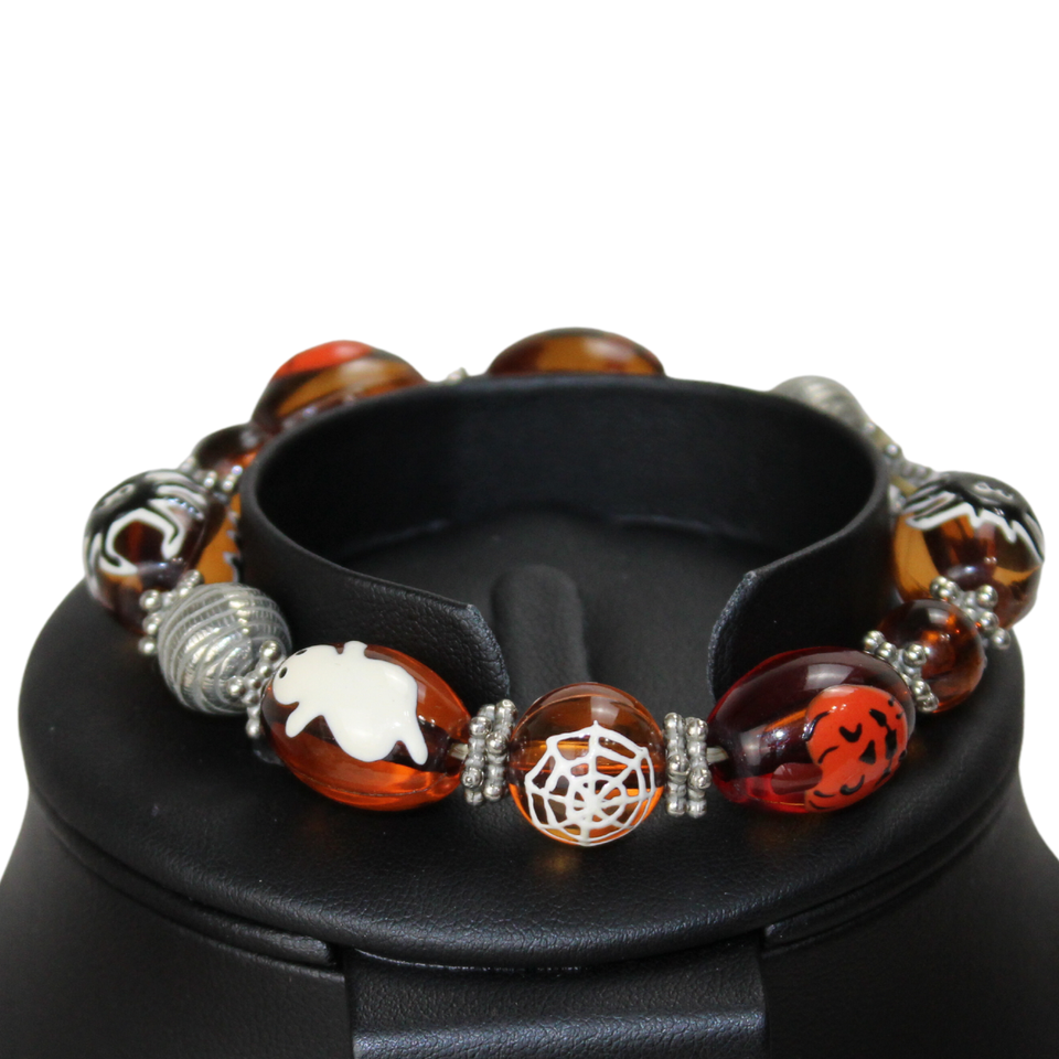 Halloween Bracelet Spooky Night Orange Pumpkin Ghost Spider Beaded Stretch Woman | eBay