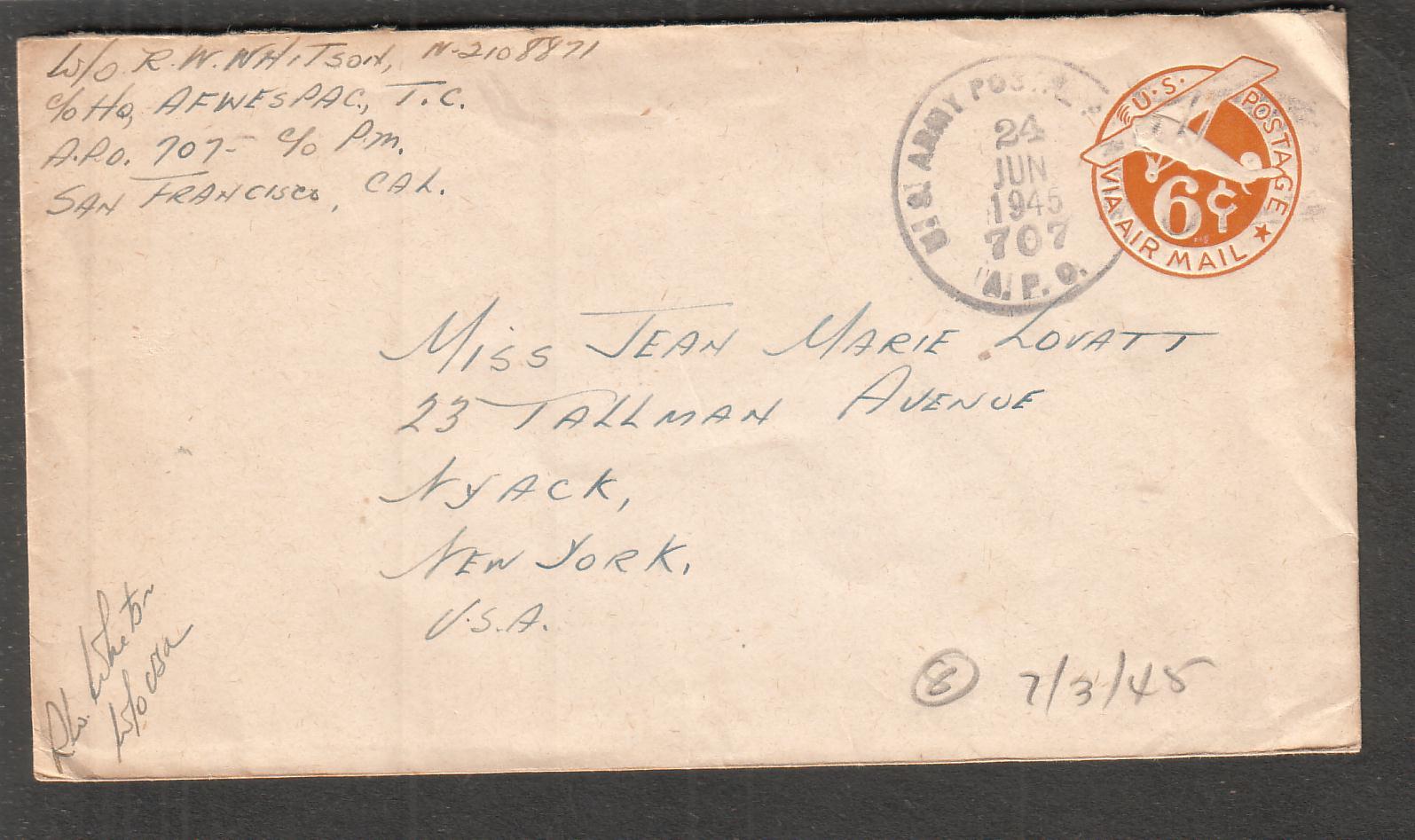 1945 WWII censor cover W/O Whitson HQ AFWESPAC APO 707 Camp Rizal ...