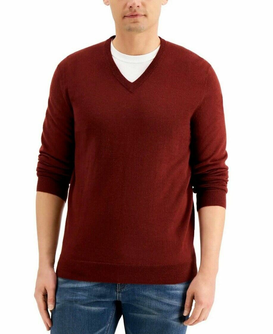 New Club Room Men's Size XL Deep Rust Merino Wool Blend V-Neck Sweater ...
