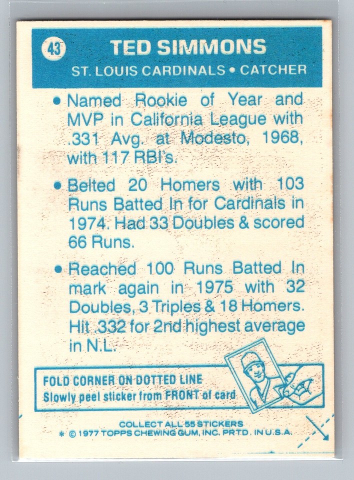 1977 Topps Cloth Sticker Ted Simmons #43 - St. Louis Cardinals EX to ...