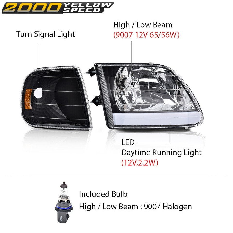 Fit for F-150 Expedition 97-04 Black/Clear LED DRL Headlights & Corner ...