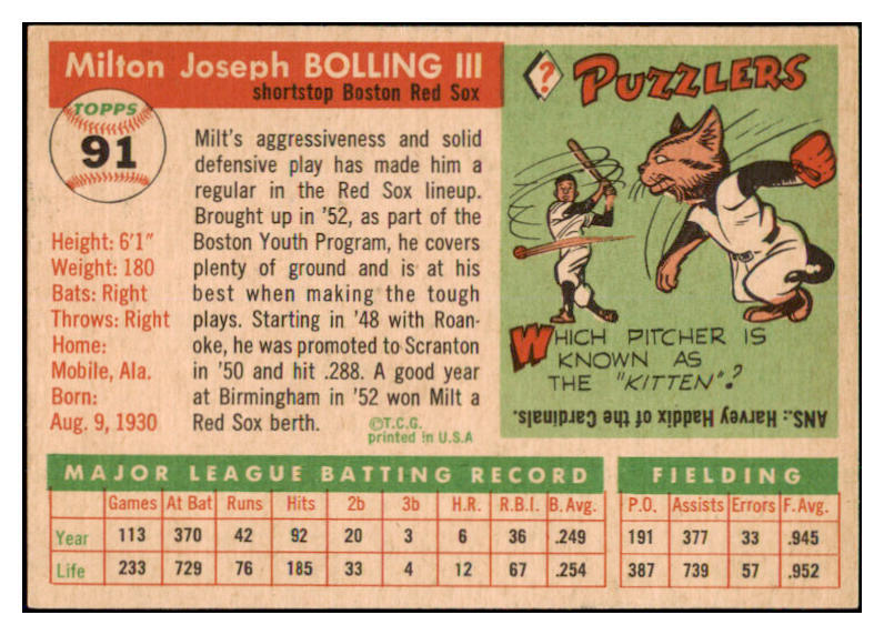 1955 TOPPS # 91 MILT BOLLING RED SOX NR-MT SET BREAK 497102 (KYCARDS ...