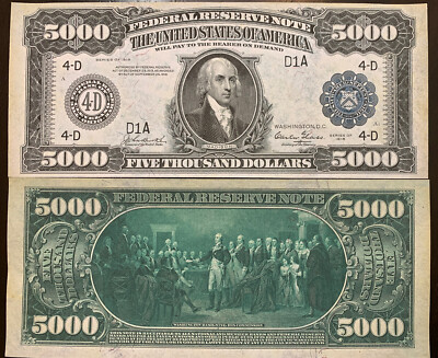Reproduction Copy 1918 $5,000 Federal Reserve Note Currency USA See ...