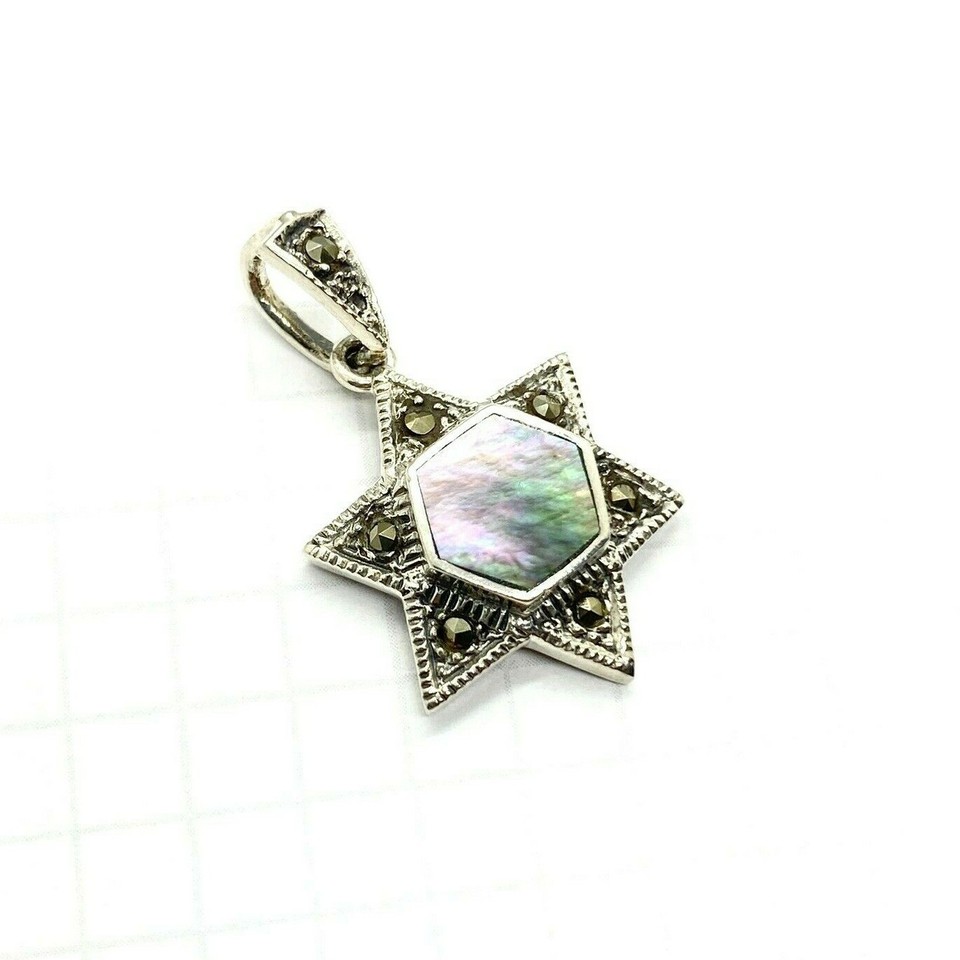 ABALONE SHELL Jewish Star of David PENDANT Marcasite .925 STERLING ...