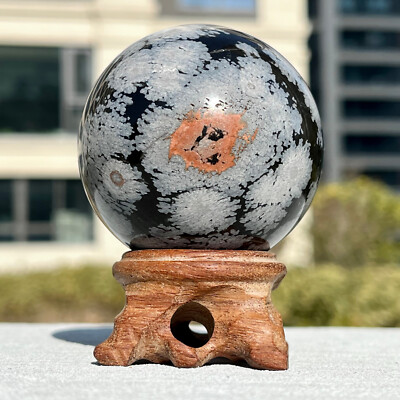 220G Natural Snowflake Obsidian Sphere Crystal Ball Decor Healing ...