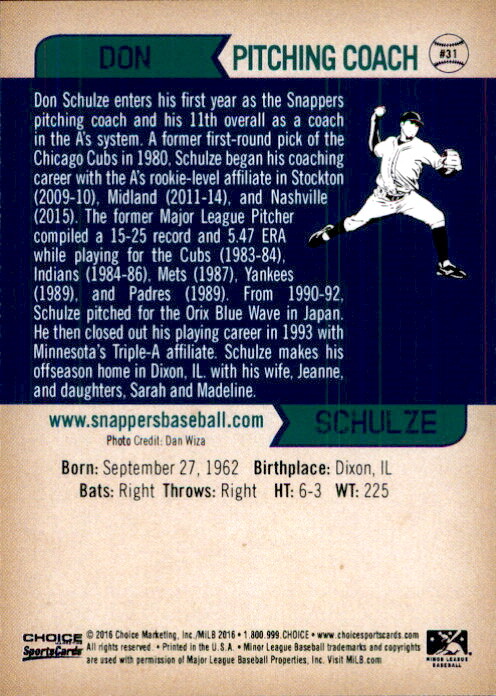 2016 Beloit Snappers Choice 31 Don Schulze Pitching Coach Dixon ...
