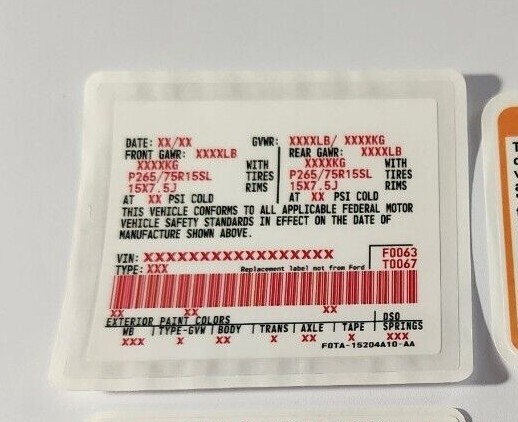 Door Jamb Data Decals 90-02 Ford F150 F series Bronco Truck CALIBRATION ...