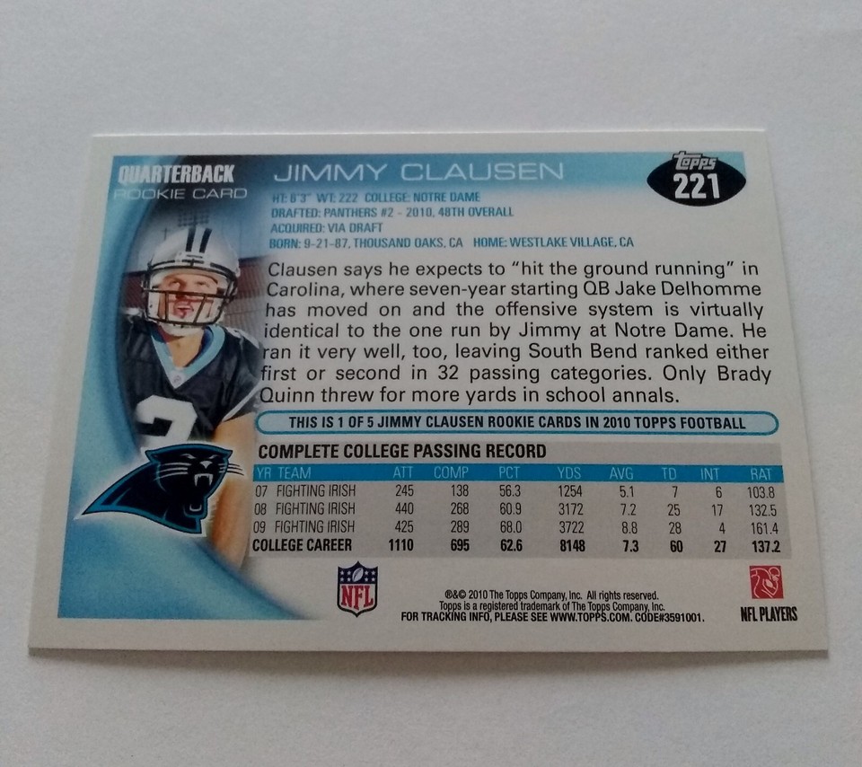 2010 Topps Football Jimmy Clausen Rookie Card #221 Factory Set Break NM ...