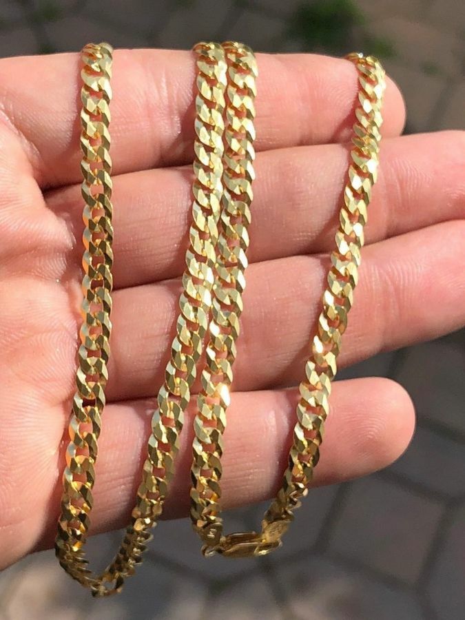 14k Gold Plated REAL Solid 925 Silver Cuban Link Flat Chain 4-8mm 18-30 ...