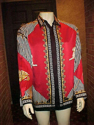 VINTAGE MENS GENELLI MULTICOLOR RED GREEK STYLE SILK SHIRT SIZE LARGE ...