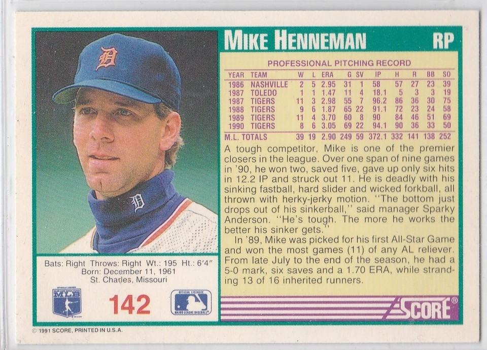 M) 1991 Score Baseball Trading Card - Mike Henneman #142 | eBay