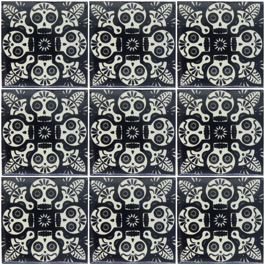 25 Mexican Talavera Black Skull tiles 4x4 Decorative Folk Art Handmade ...