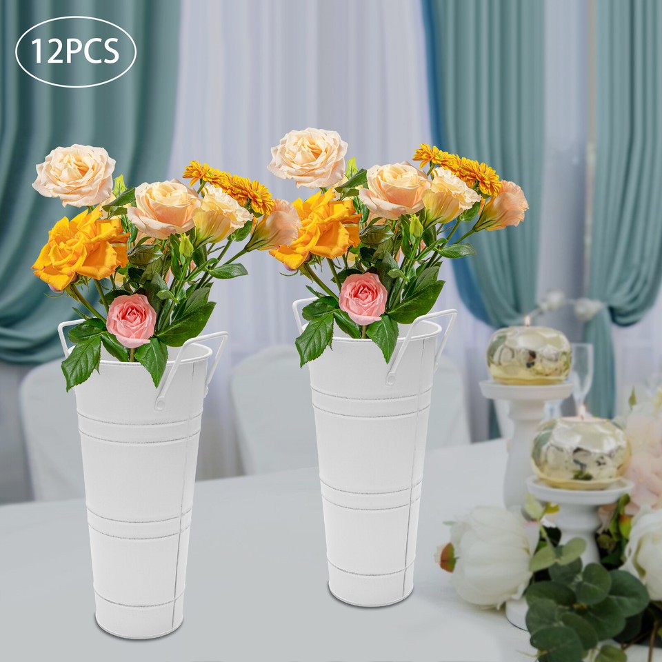 12 Pcs Flower Display Buckets White Metal Flower Buckets Wedding Flower ...