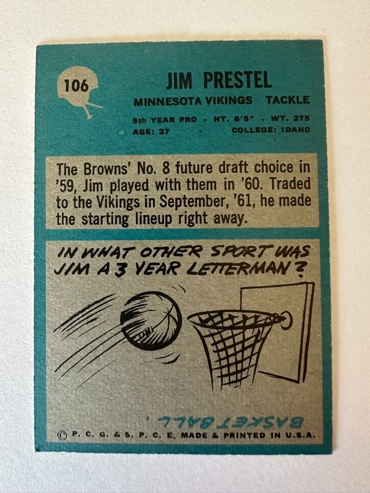 1964 Philadelphia Jim Prestel Signed Card Auto Autograph NFL Minnesota ...