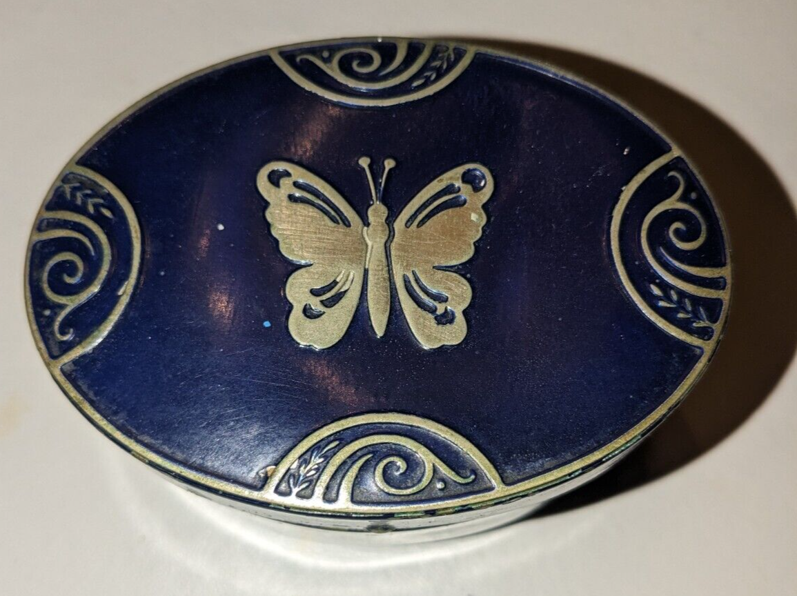 Lucretia Vanderbilt Vintage Navy Blue Oval Metal Powder Box, Butterfly ...