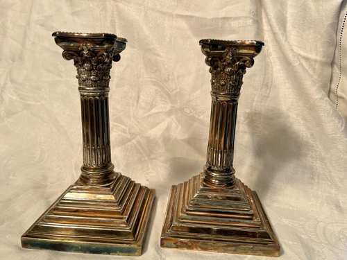 Pr of Antique Silverplated Rogers Bros. Corinthian Column Candlesticks ...