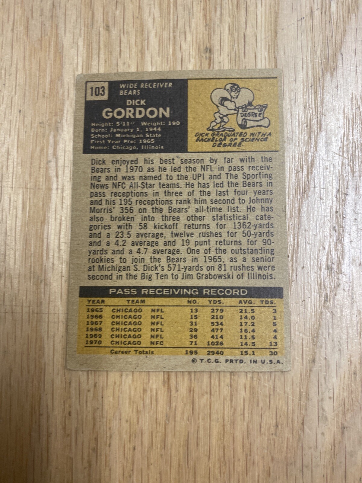 1971 Topps Football Dick Gordon Bears Card #103 | eBay