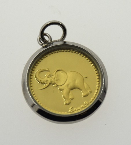 24K YELLOW GOLD Chinese ELEPHANT COIN Pendant IN 925 STERLING SILVER ...