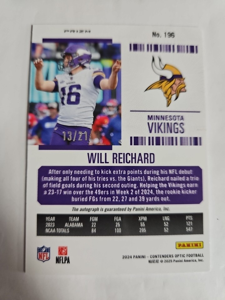 2024 Contenders Optic Football Will Reichard Rookie Ticket Auto #196 / ...