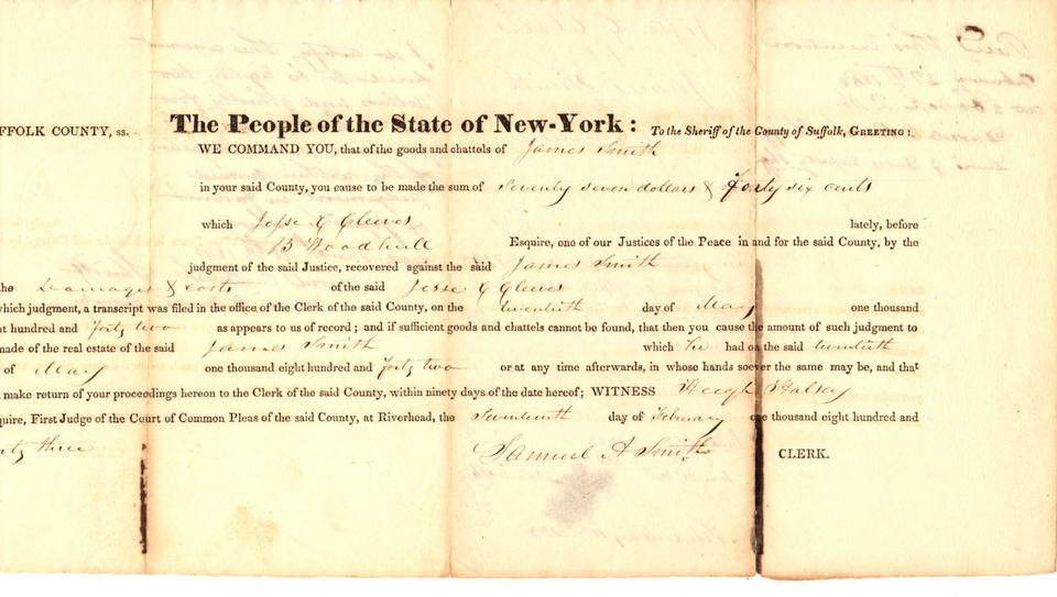 MAY 20,1842 SHERIFFS WRIT -SUFFOLK COUNTY NY-FOR JAMES SMITH | eBay