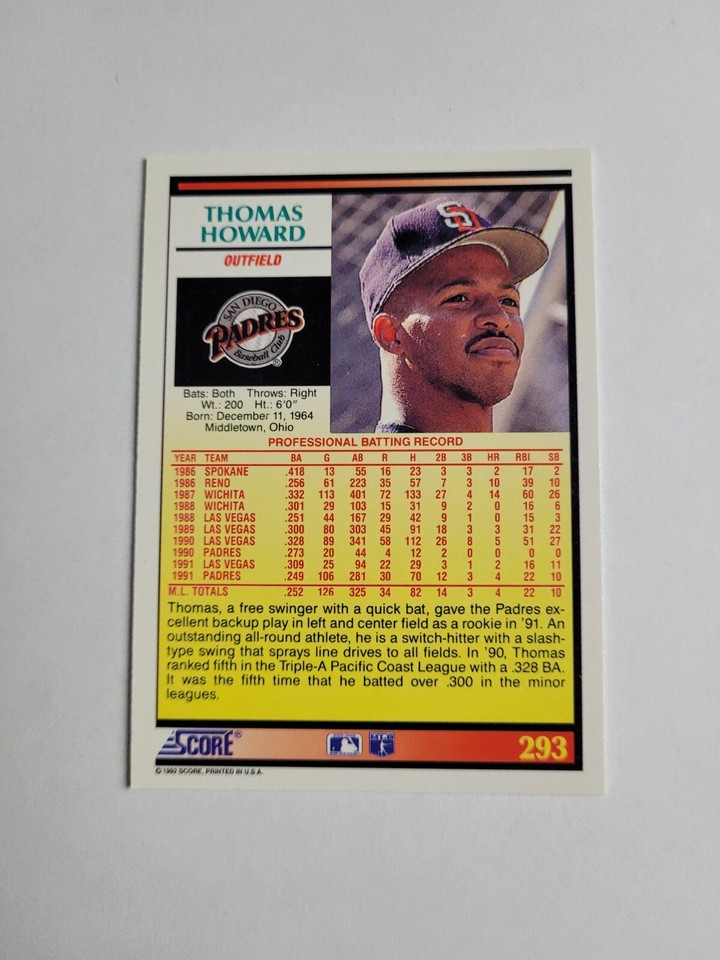1992 Score Baseball #293 Thomas Howard | eBay