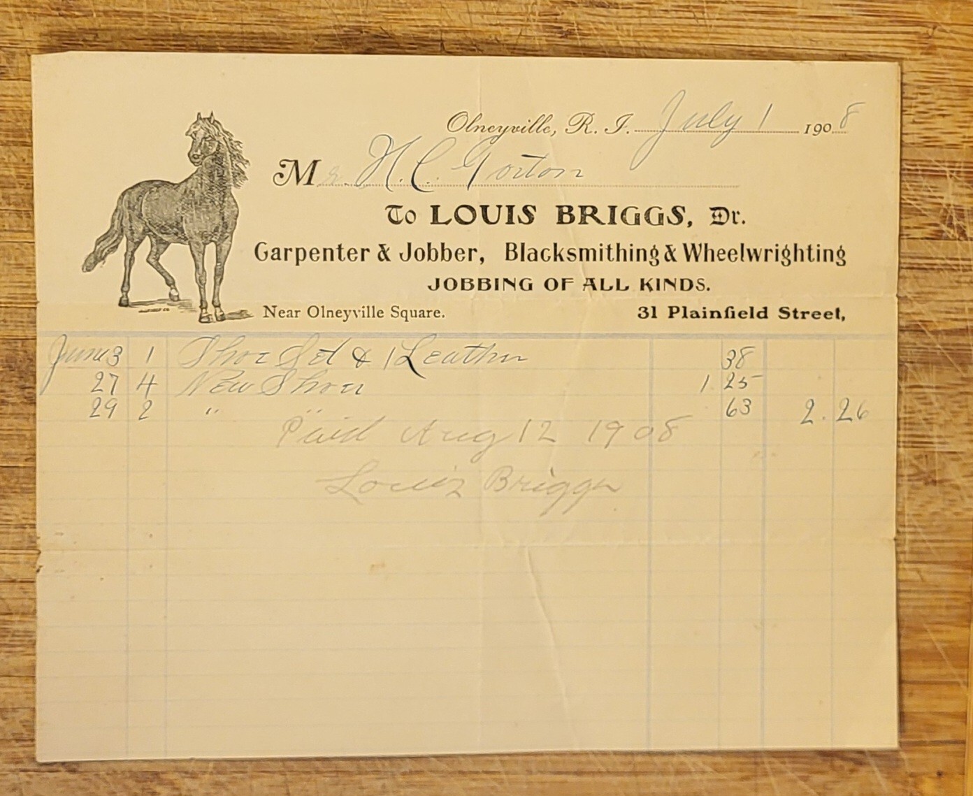 1908 Letterhead Rhode Island Providence Olneyville Louis Briggs ...