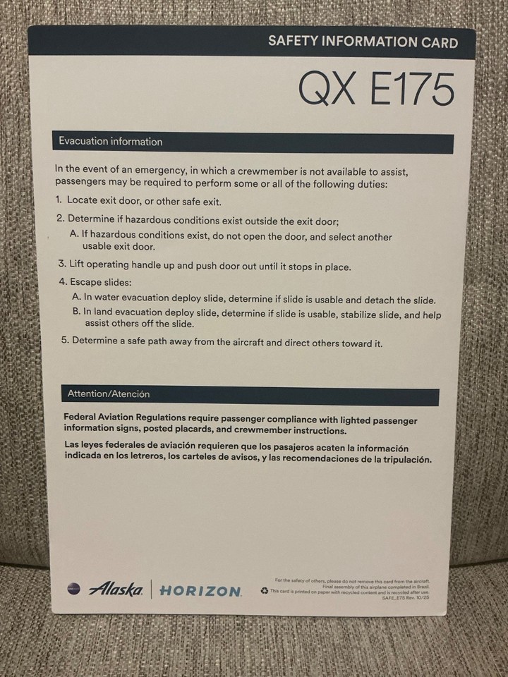 Horizon/Alaska Airlines E175 safety card, rev. 10/25 | eBay