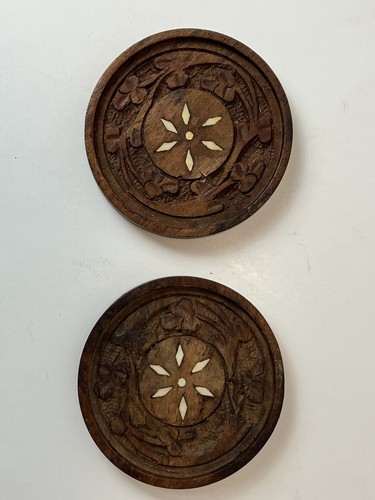 Set Of 2 Vintage Hand Carved Wooden Coasters With Shell Inlay India 1 ...