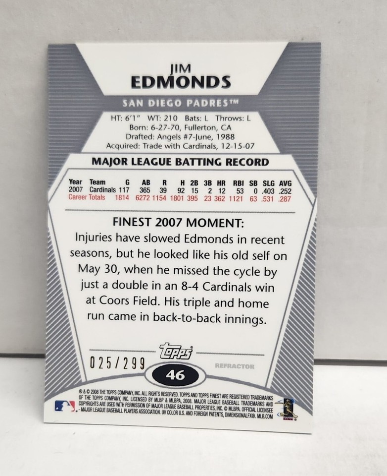 JIM EDMONDS 2008 Finest BLUE REFRACTOR #46 ~ #'d /299 ~ PADRES | eBay