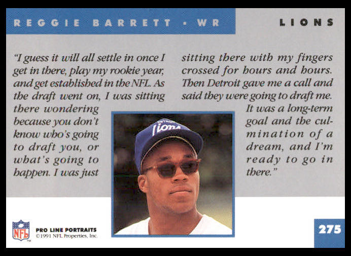 1991 Pro Line Portraits #275 Reggie Barrett Detroit Lions Football Card ...