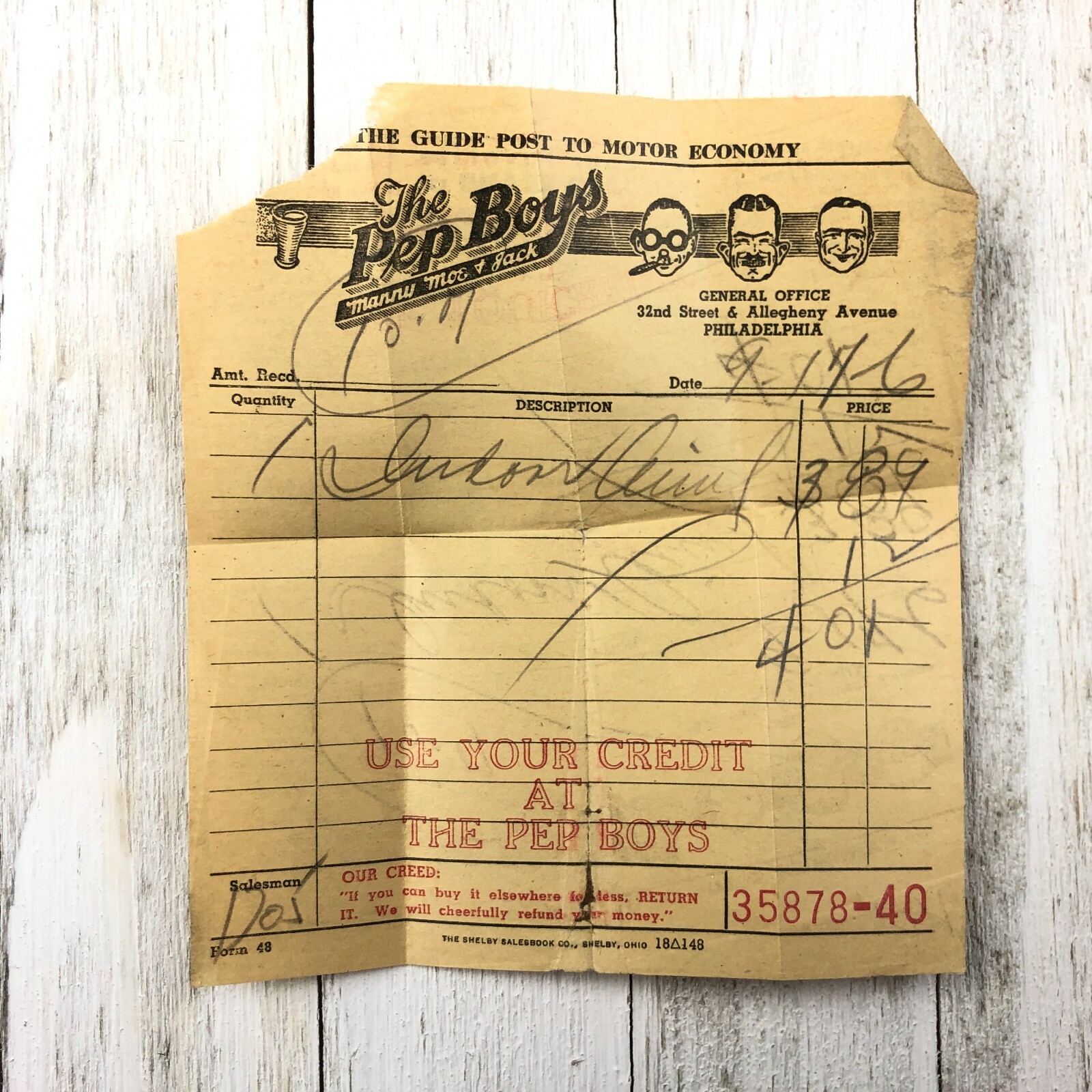 Vintage 1960s PEP BOYS RECEIPT Letterhead MANNY MOE JACK SMOKING Logo ...