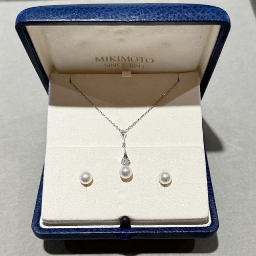 Mikimoto Pearl Diamond Necklace & Pierced Earrings set 6mm Pearl with Case | eBay