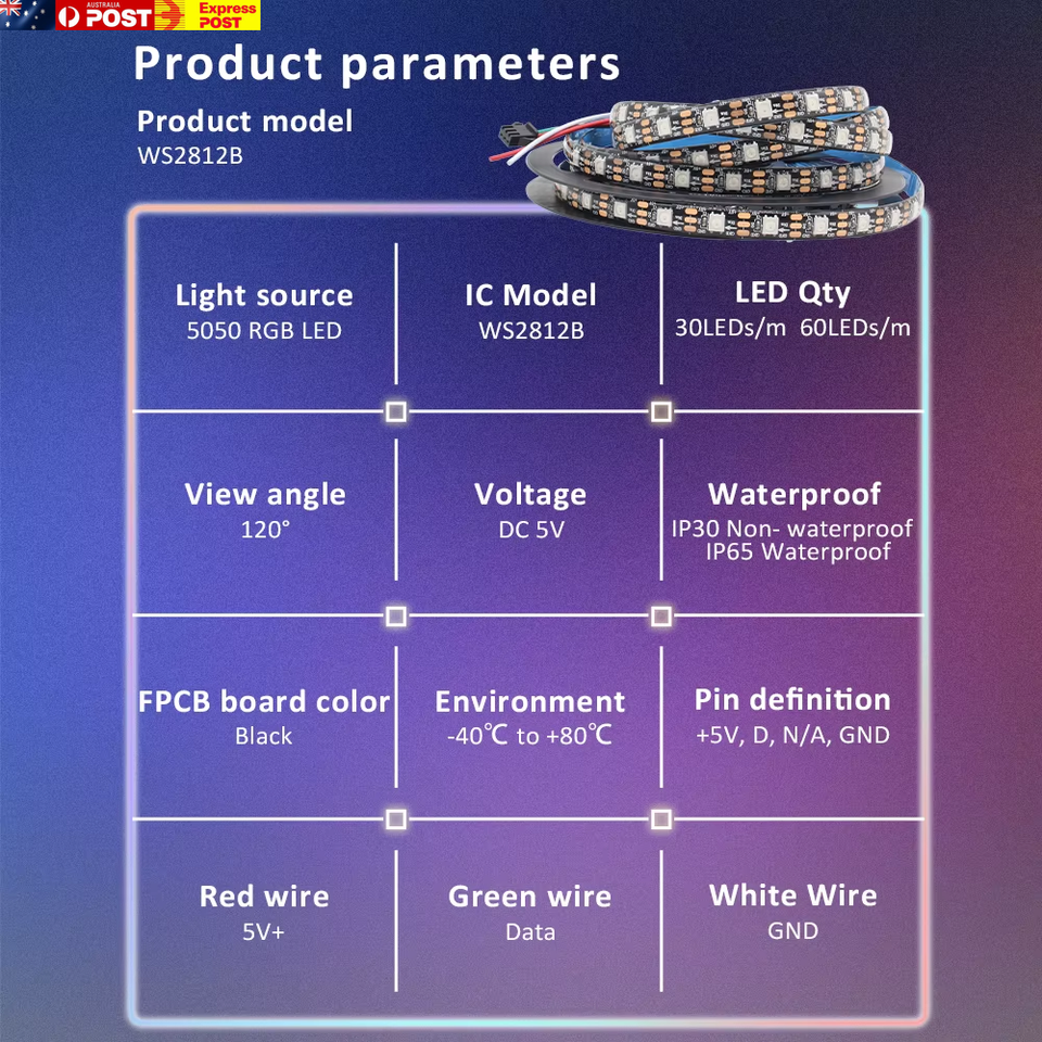 5050 RGB LED Strip Addressable DC 5V 3Pin WS2812B IC 60 Leds/M 30Leds/M ...
