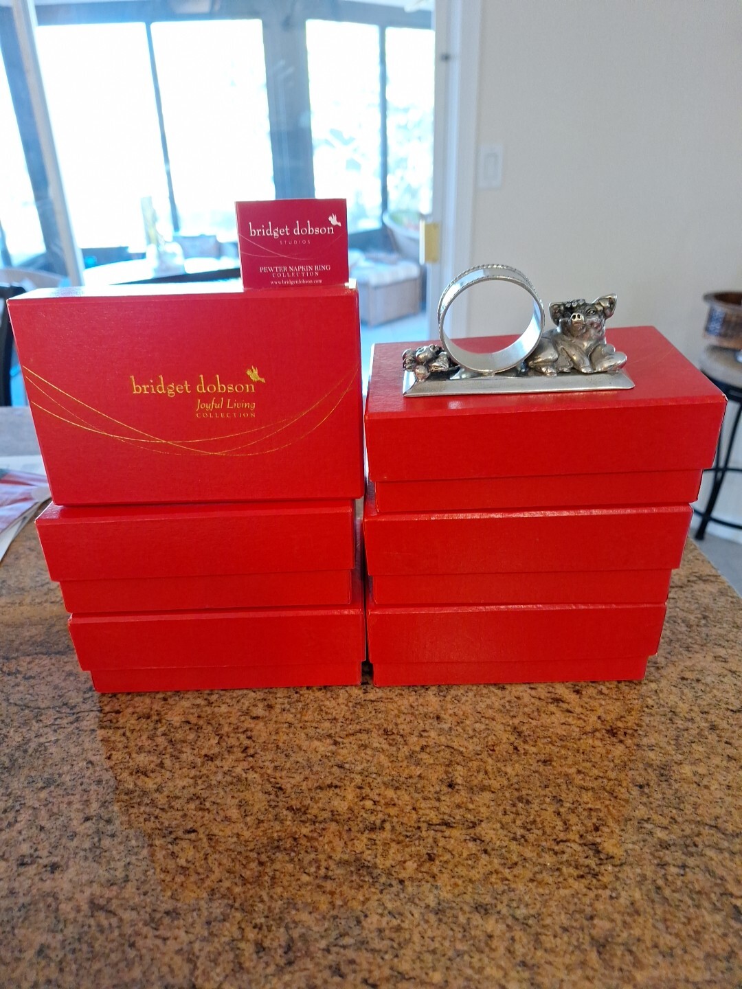 Napkin Ring Holder x6 Pewter PIG PIGGY NIB unused Bridget Dobson MINT ...