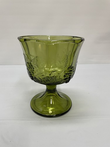 Vintage Style Dark Green Glass Compote Pedestal Bowl with Grape Design ...