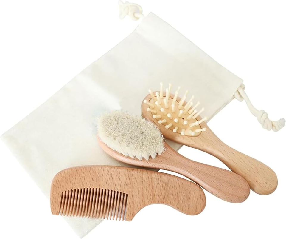 Natural Wooden Baby Grooming Set, 3-Piece with Goat Hair Brush, Comb ...